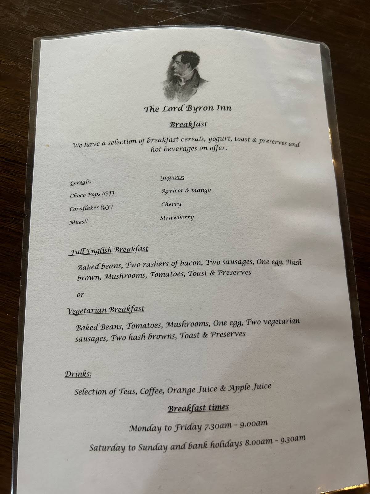 Menu at Lord Byron Inn pub & bar, Cambridge
