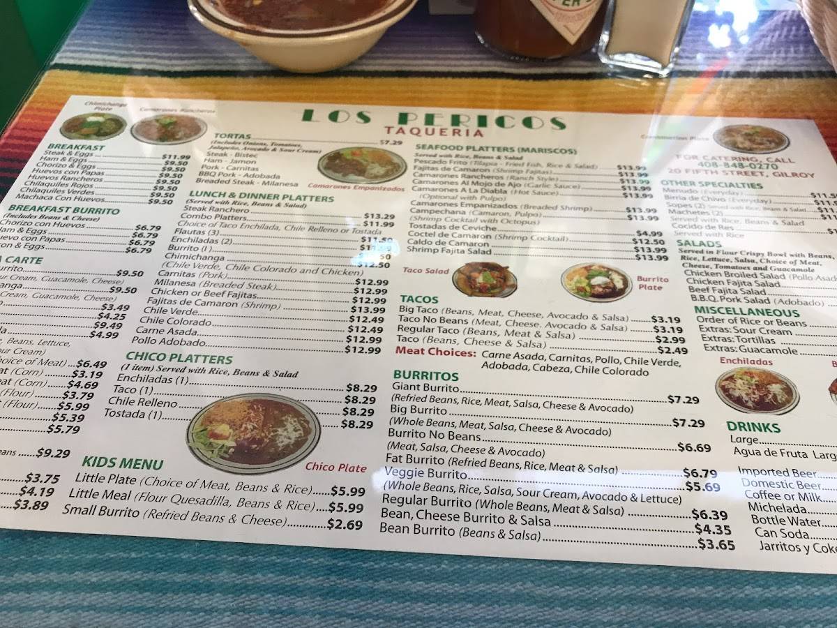 Menu at Los Pericos Taqueria restaurant, Gilroy