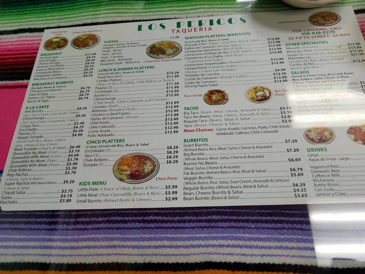 Menu at Los Pericos Taqueria restaurant, Gilroy