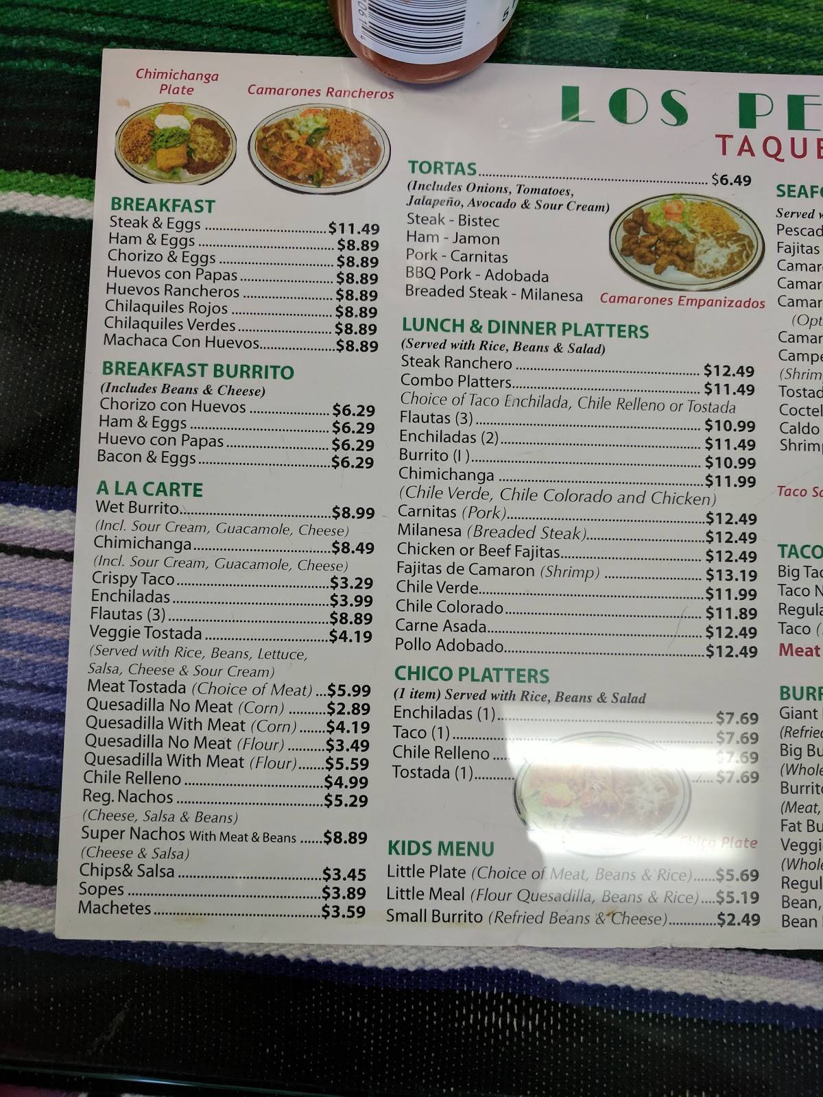 Menu at Los Pericos Taqueria restaurant, Gilroy