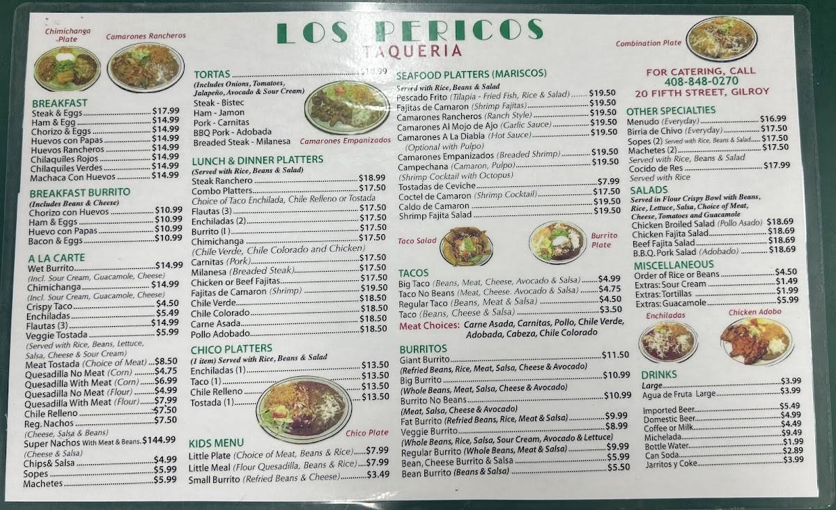 Menu at Los Pericos Taqueria restaurant, Gilroy