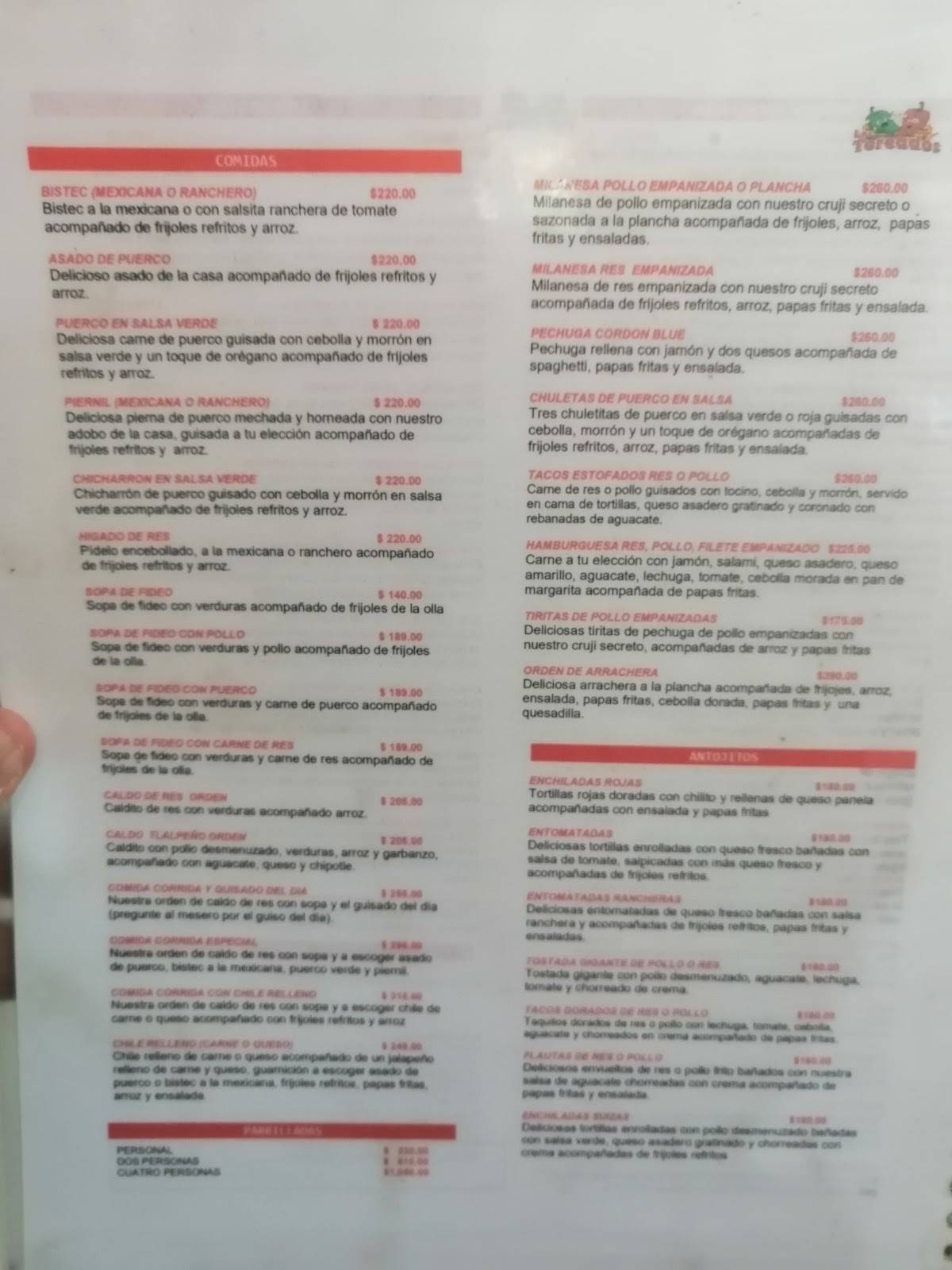 Carta del restaurante Los Toreados del Álamo, Santiago, México 85