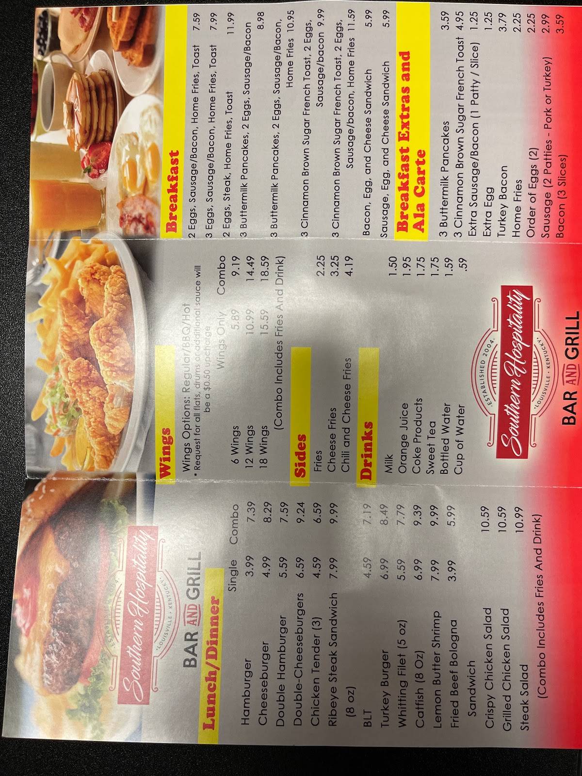 Menu at Southern Hospitality restaurant, Louisville