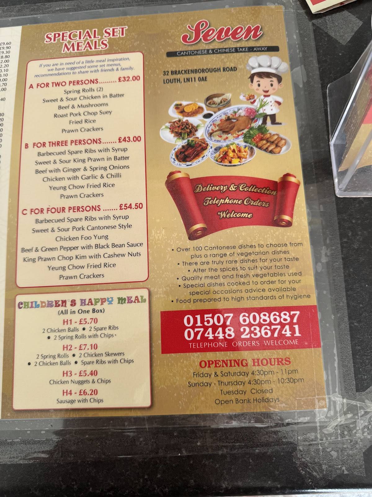 Menu at Seven Chinese Takeaway fast food, Louth