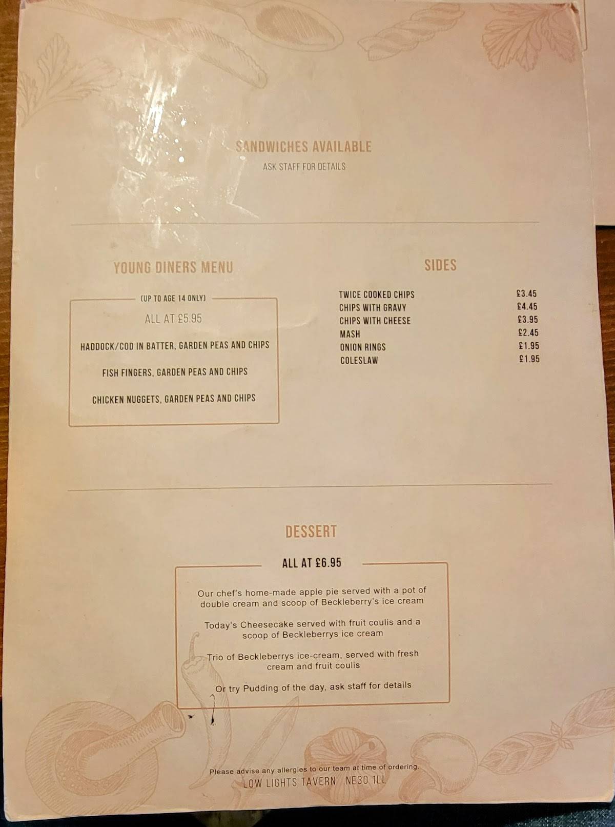 Menu at Low Lights Tavern pub & bar, North Shields
