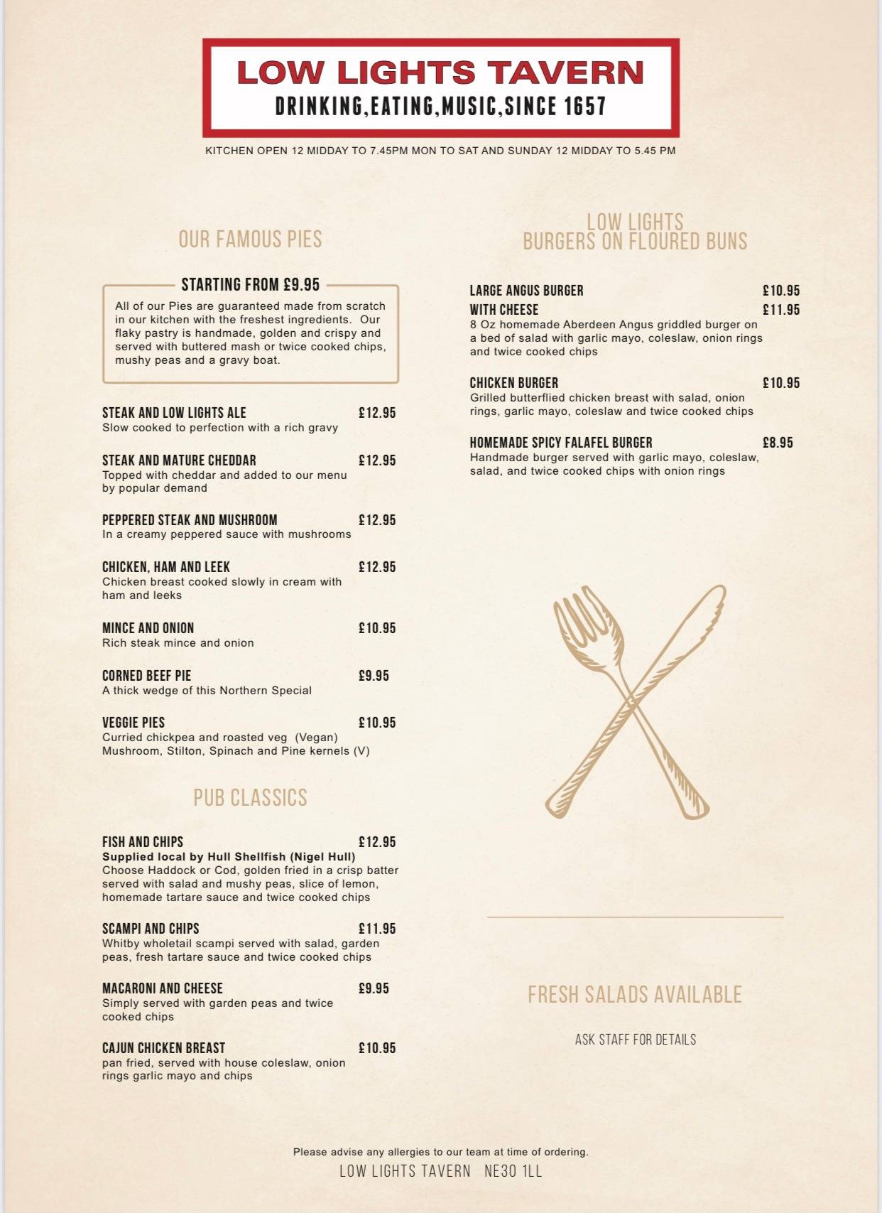 Menu at Low Lights Tavern pub & bar, North Shields