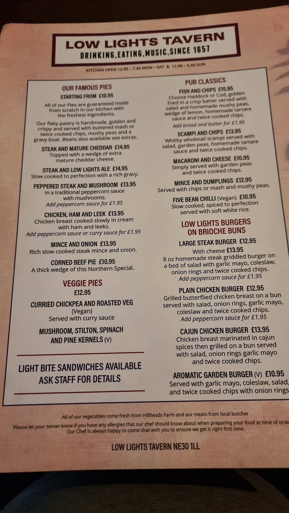 Menu at Low Lights Tavern pub & bar, North Shields