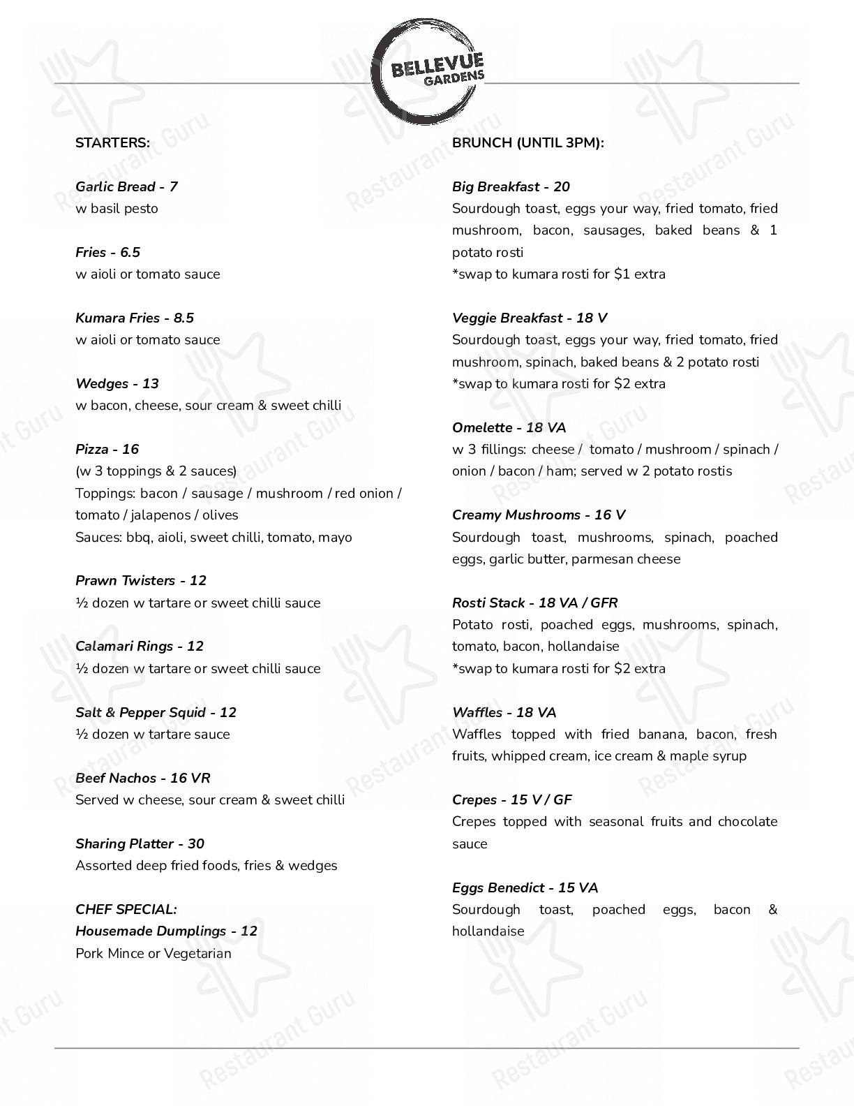 Menu at Bellevue Gardens Hotel restaurant, Lower Hutt