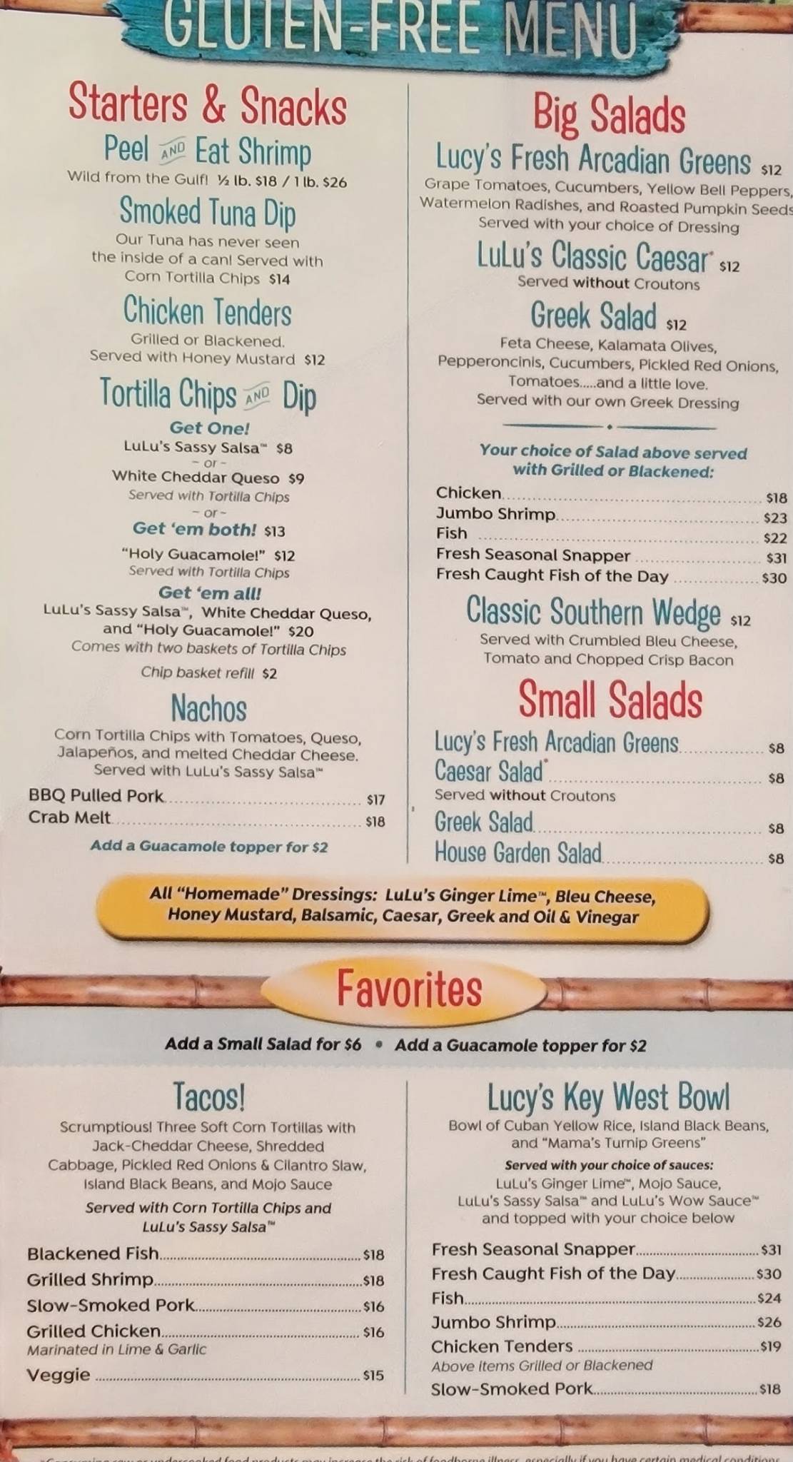Menu at Lulu's Gulf Shores restaurant, Gulf Shores