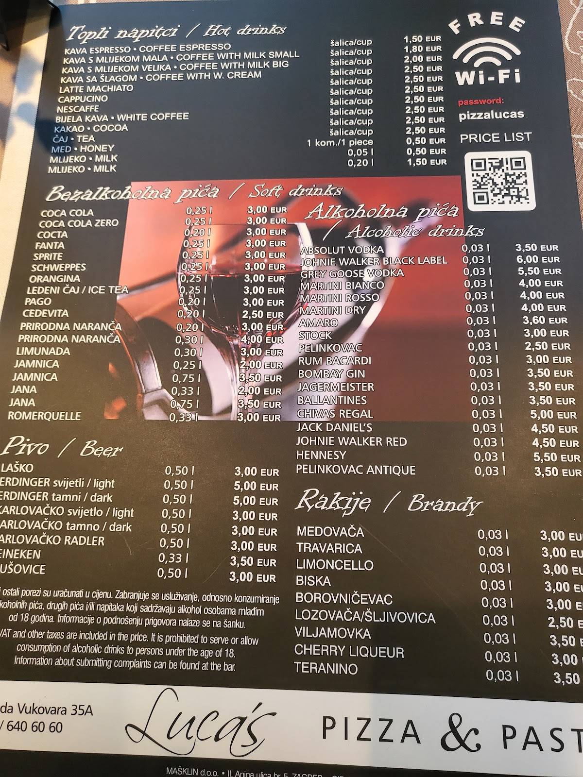 Menu at Luca's Pizza & Pasta restaurant, Zagreb