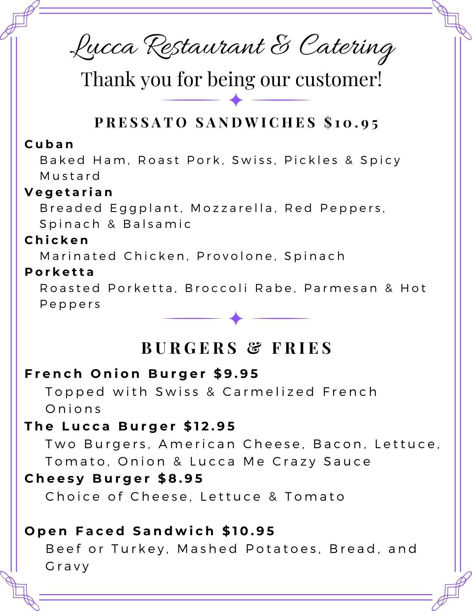 Menu at Lucca Restaurant, Taylor