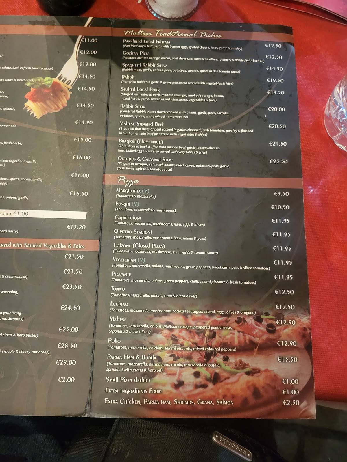 Menu at Luciano restaurant, Valletta