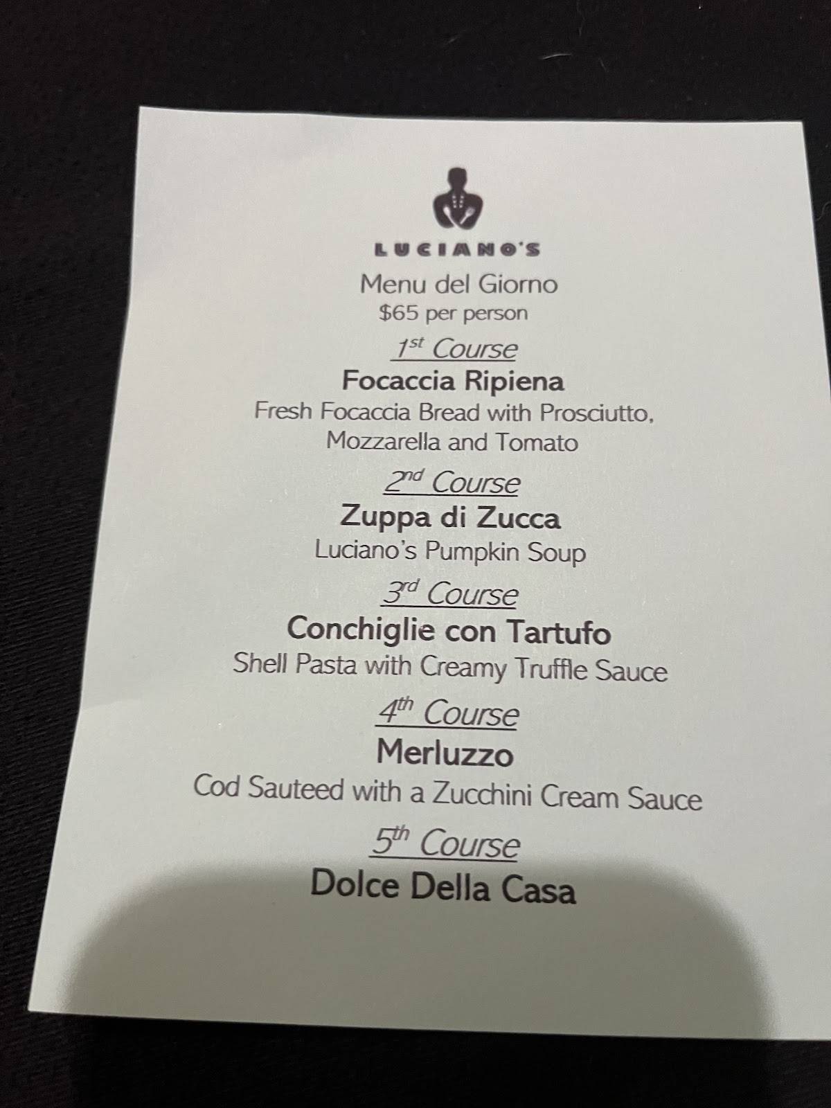Menu at Luciano's restaurant, Mulvane