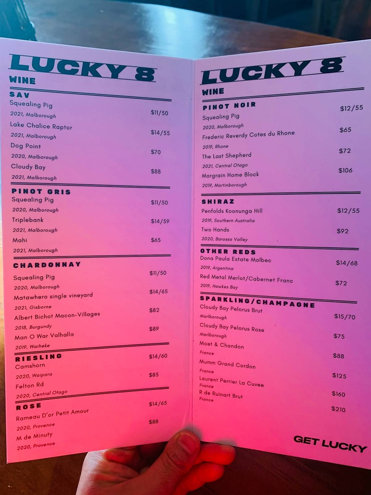 Menu at Lucky 8 restaurant, Auckland