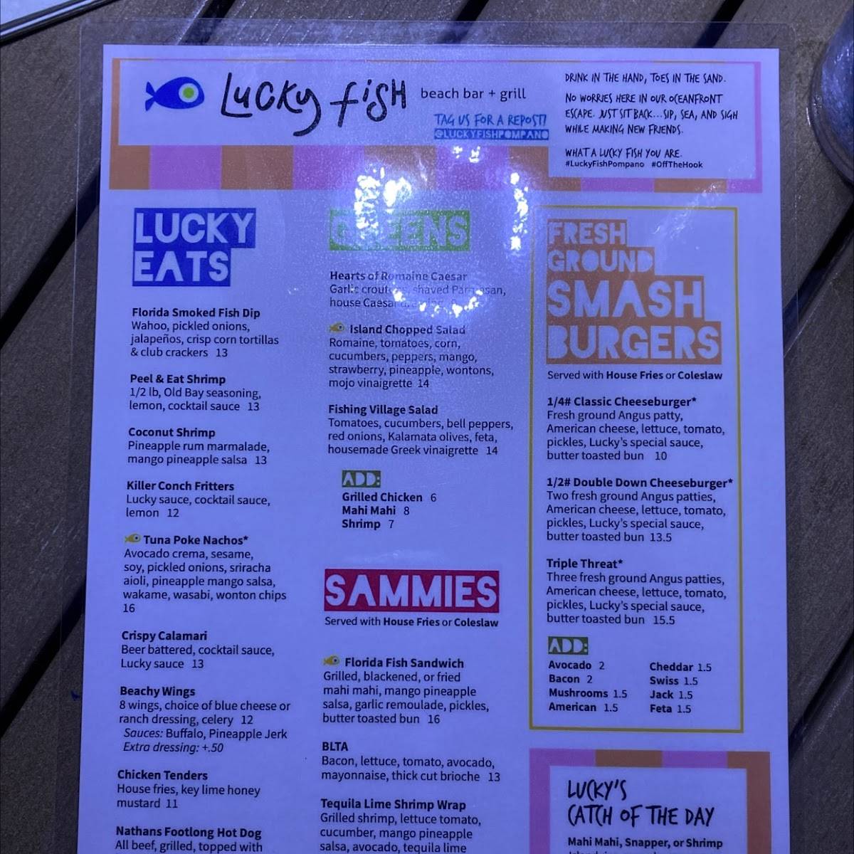 Menu at Lucky Fish Beach Bar + Grill, Pompano Beach