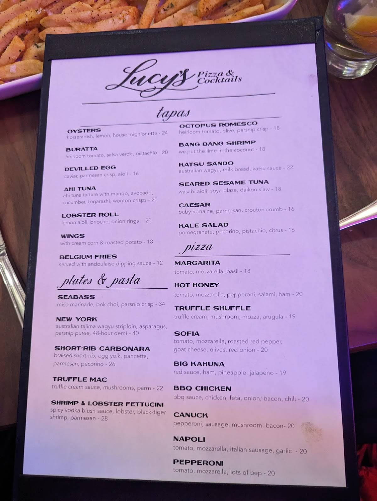 Menu at Lucy's Pizza & Cocktails restaurant, London