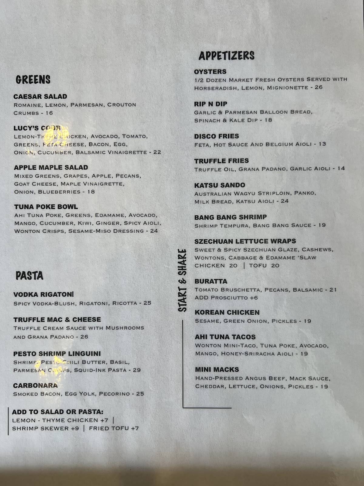 Menu at Lucy's Pizza & Cocktails pub & bar, London