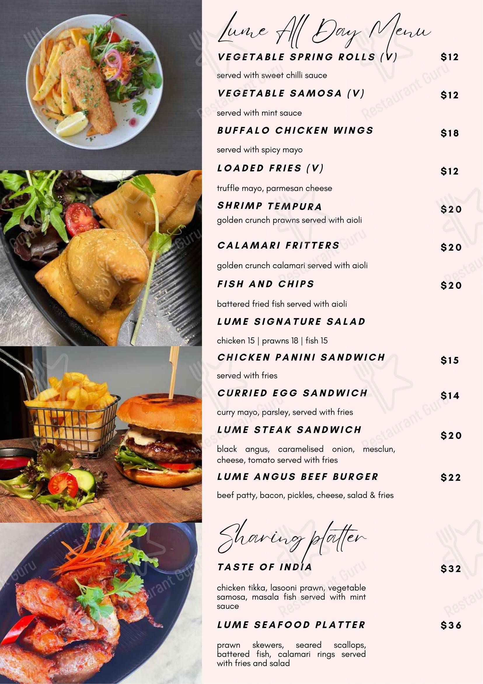 Menu at Lume Bar & Bistro, Northam
