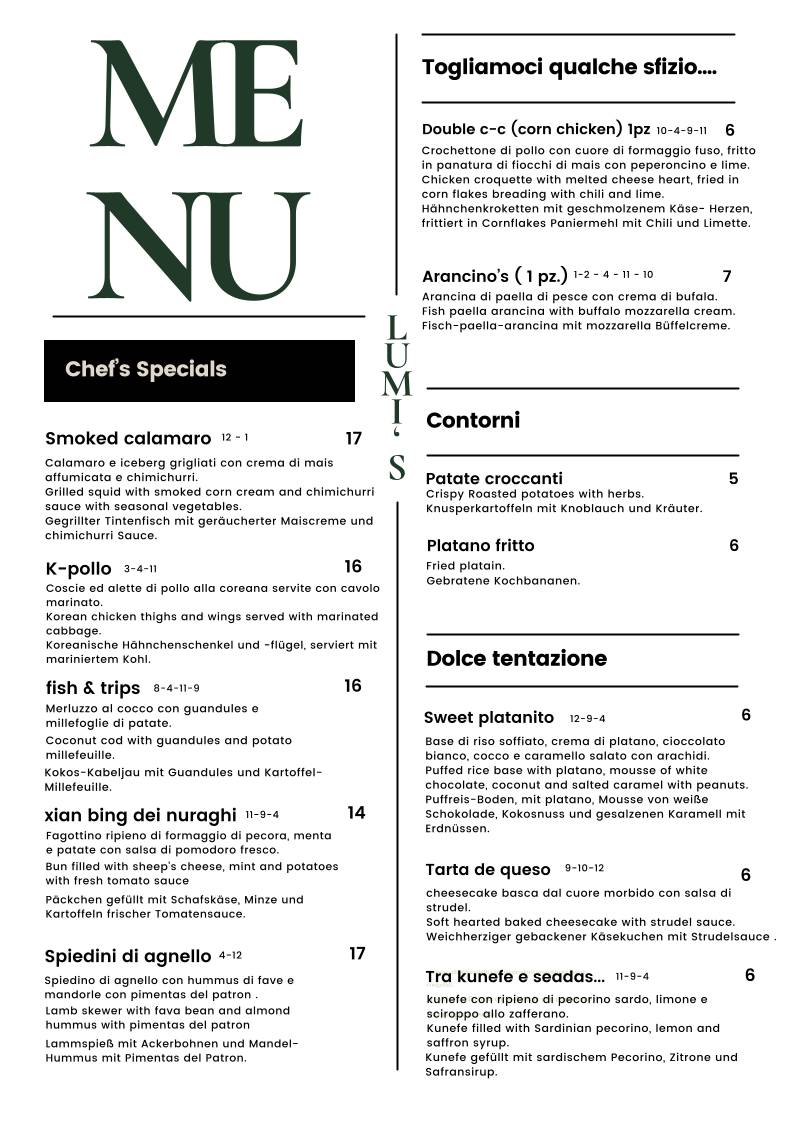 Menu at Lumi's restaurant, Arco