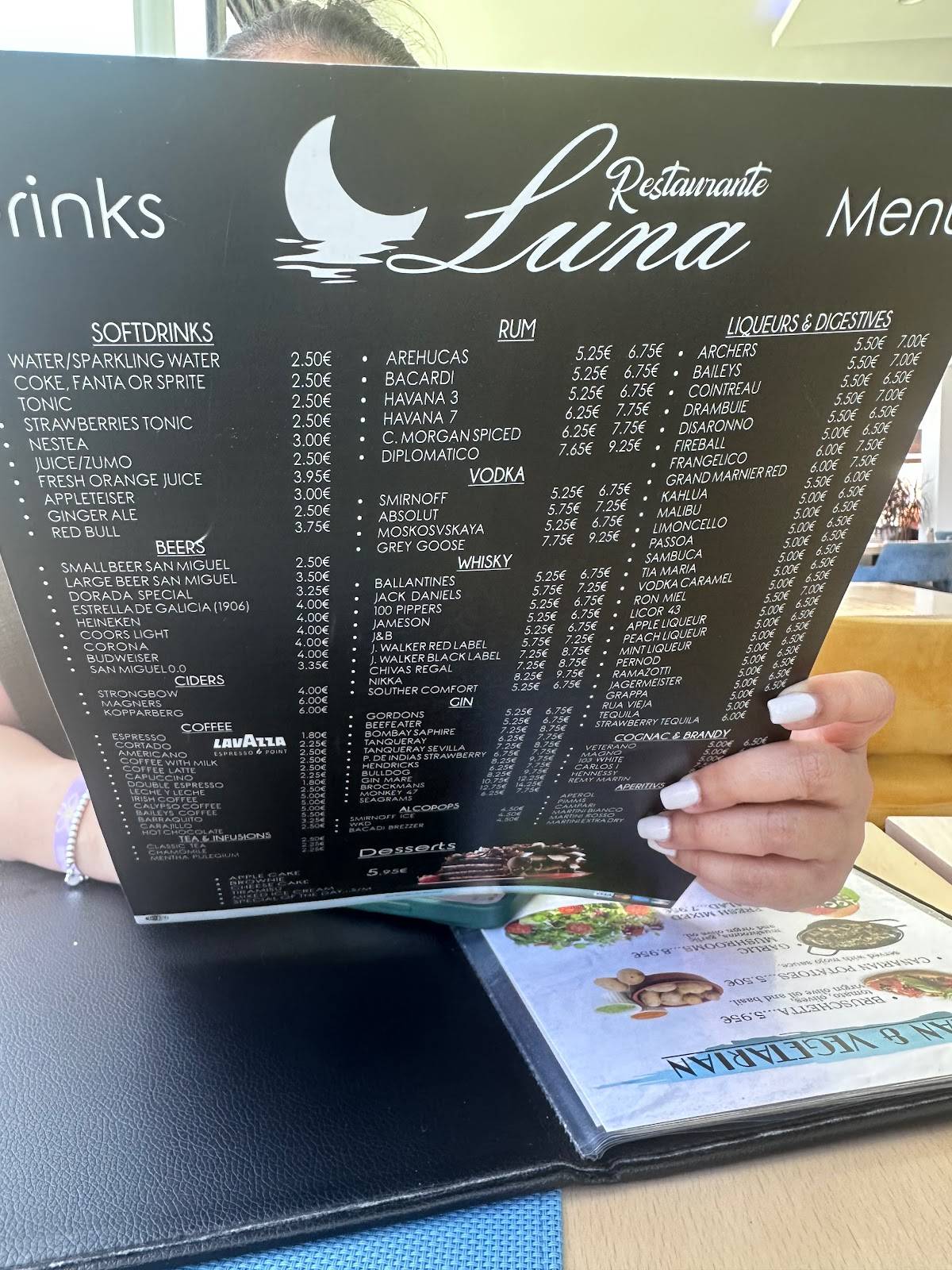 Menu at Luna restaurant, Puerto del Carmen, Av. de las Playas