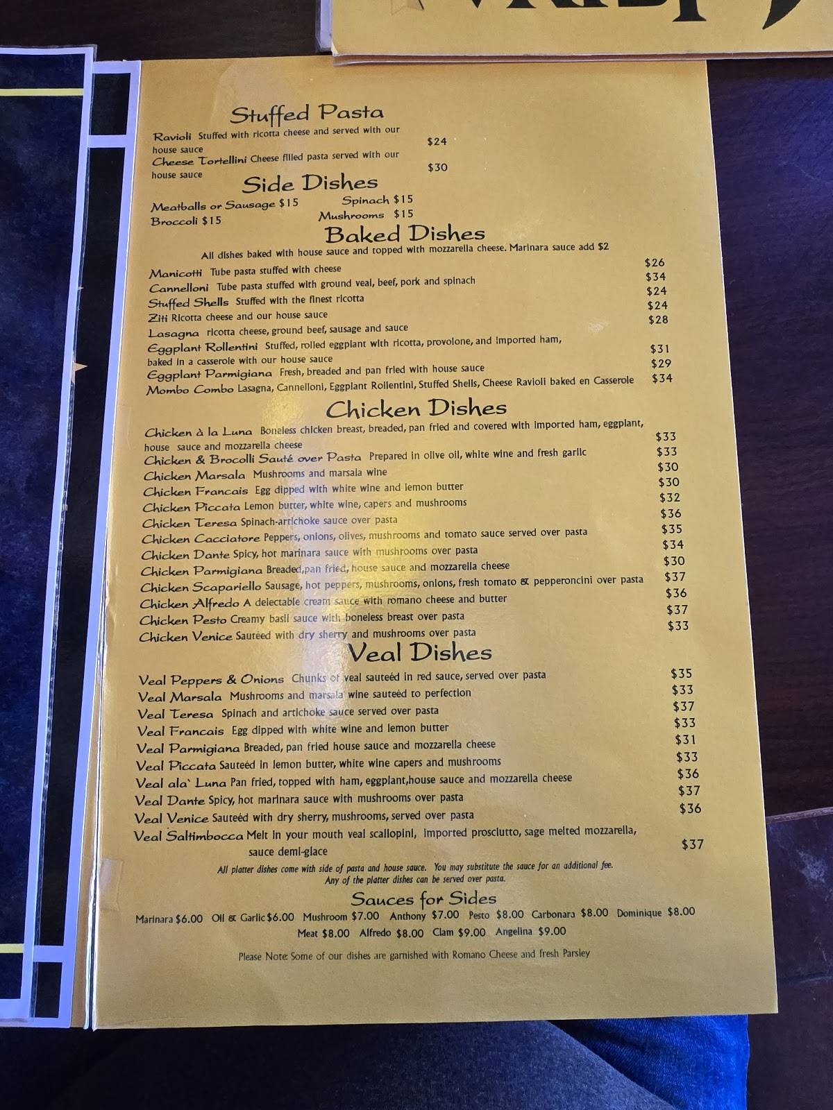 Menu at Luna Restaurant, Venice