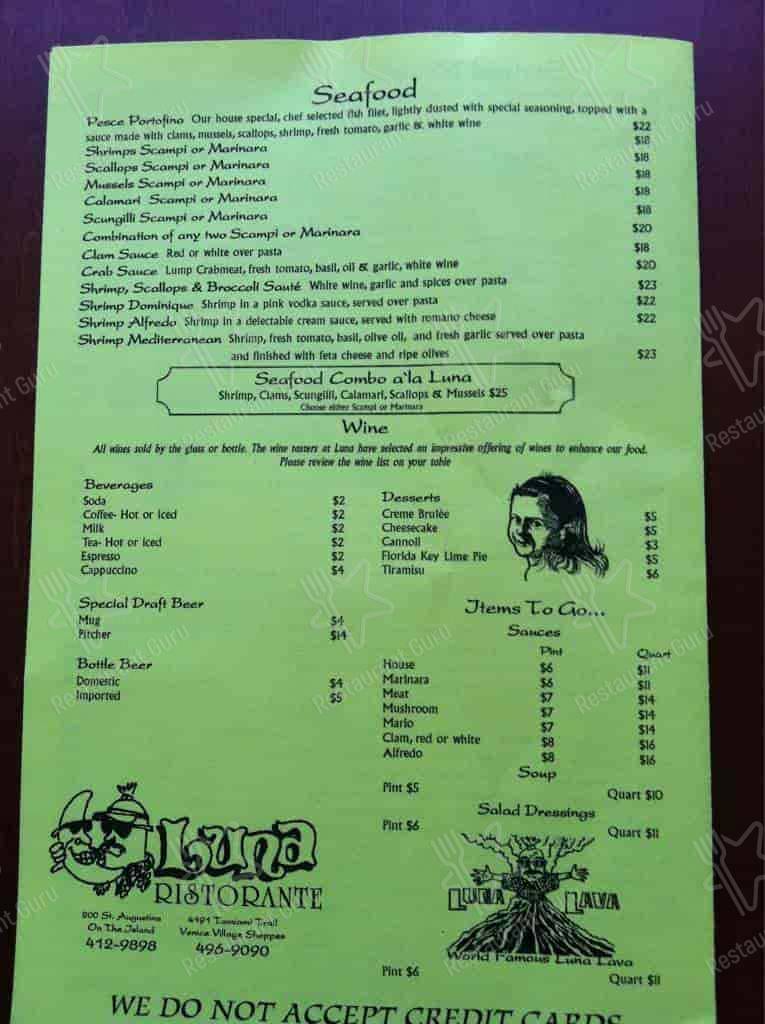 Menu at Luna Restaurant, Venice