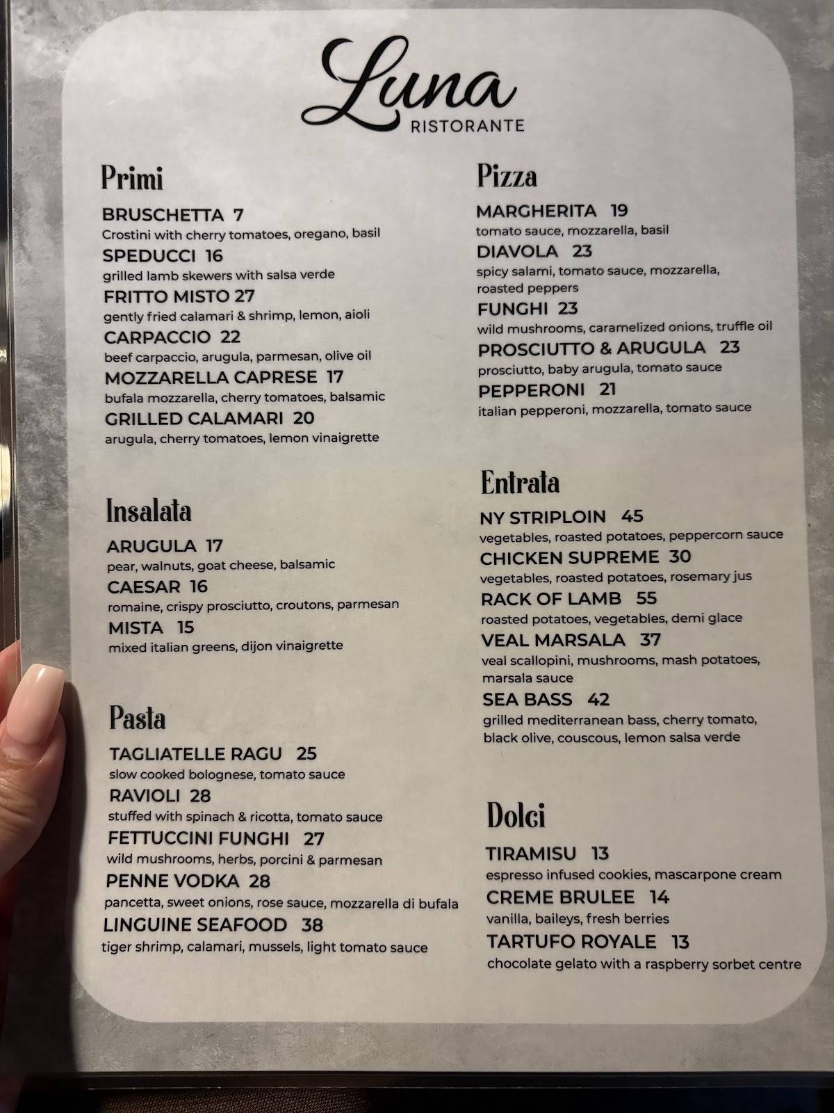 Menu at Luna Ristorante restaurant, Newmarket