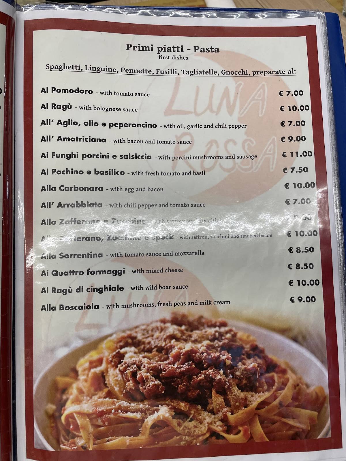 Menu at Luna Rossa pizzeria, Milan, Via Broletto