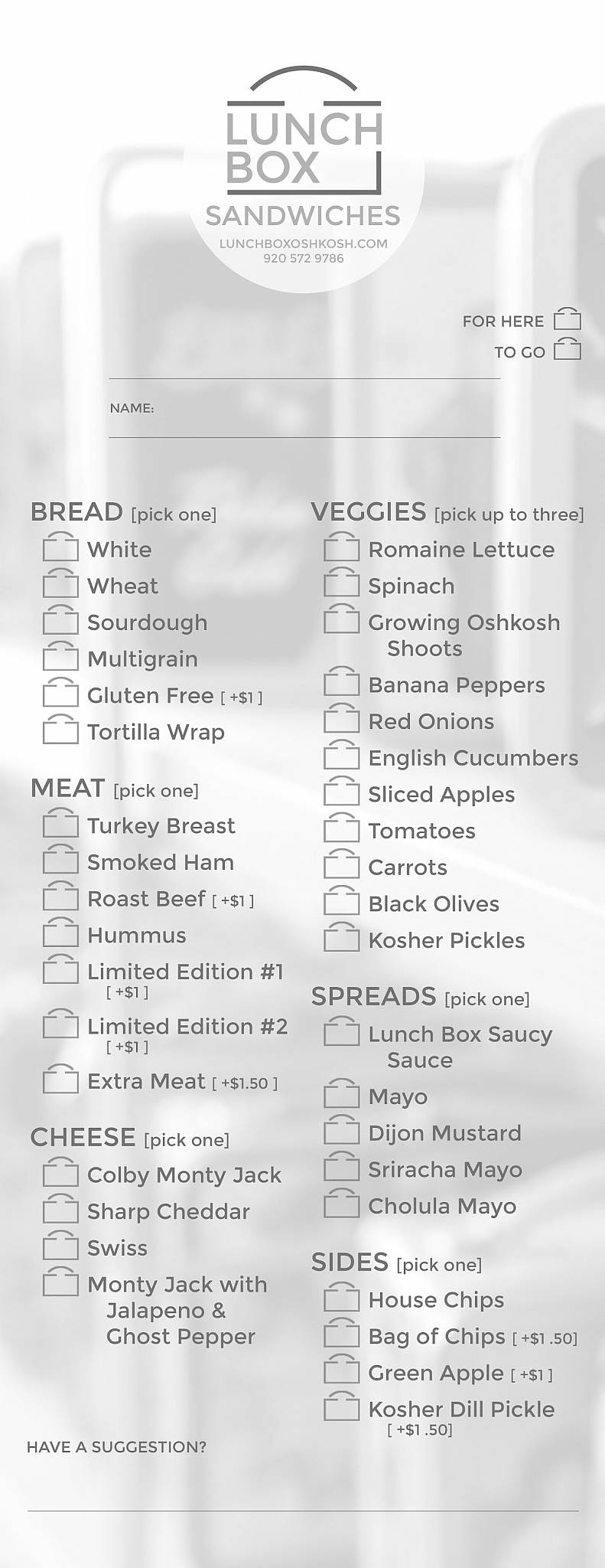 Carta del restaurante Lunch Box, Oshkosh
