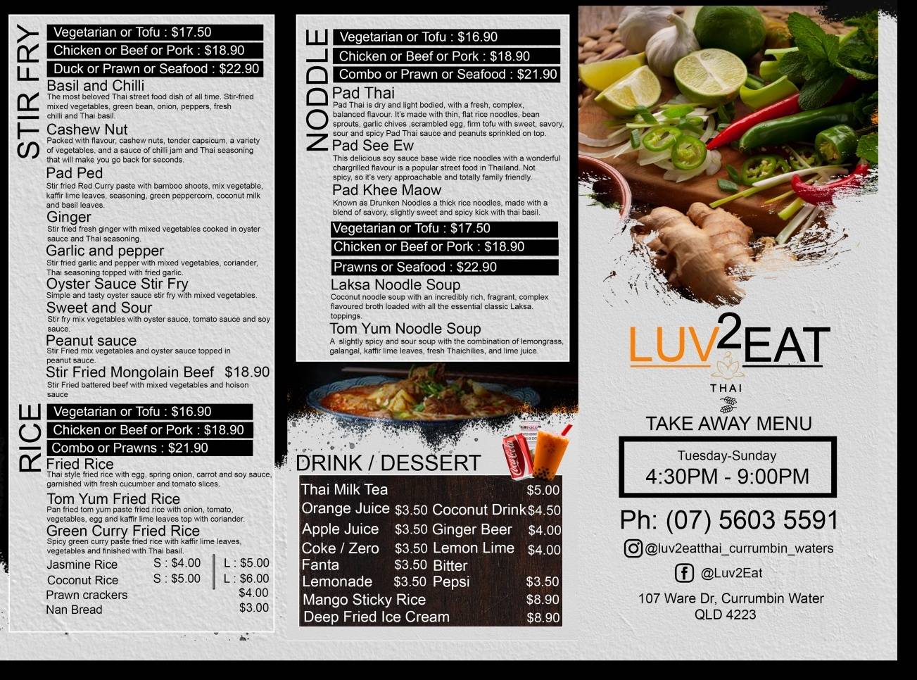 Menu at Luv2eat Thai restaurant, Currumbin Waters