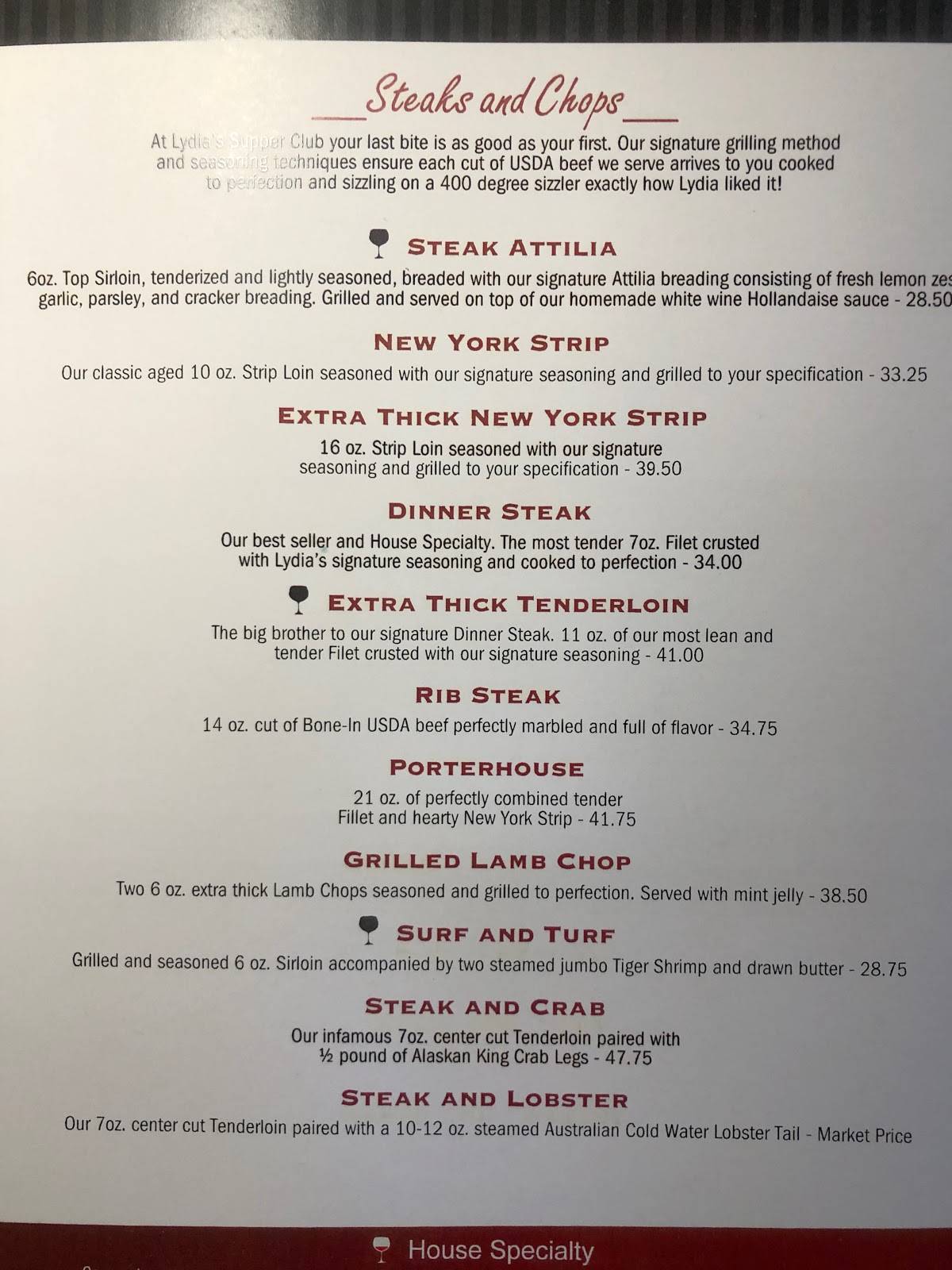 Menu at Lydia's Supper Club, Butte
