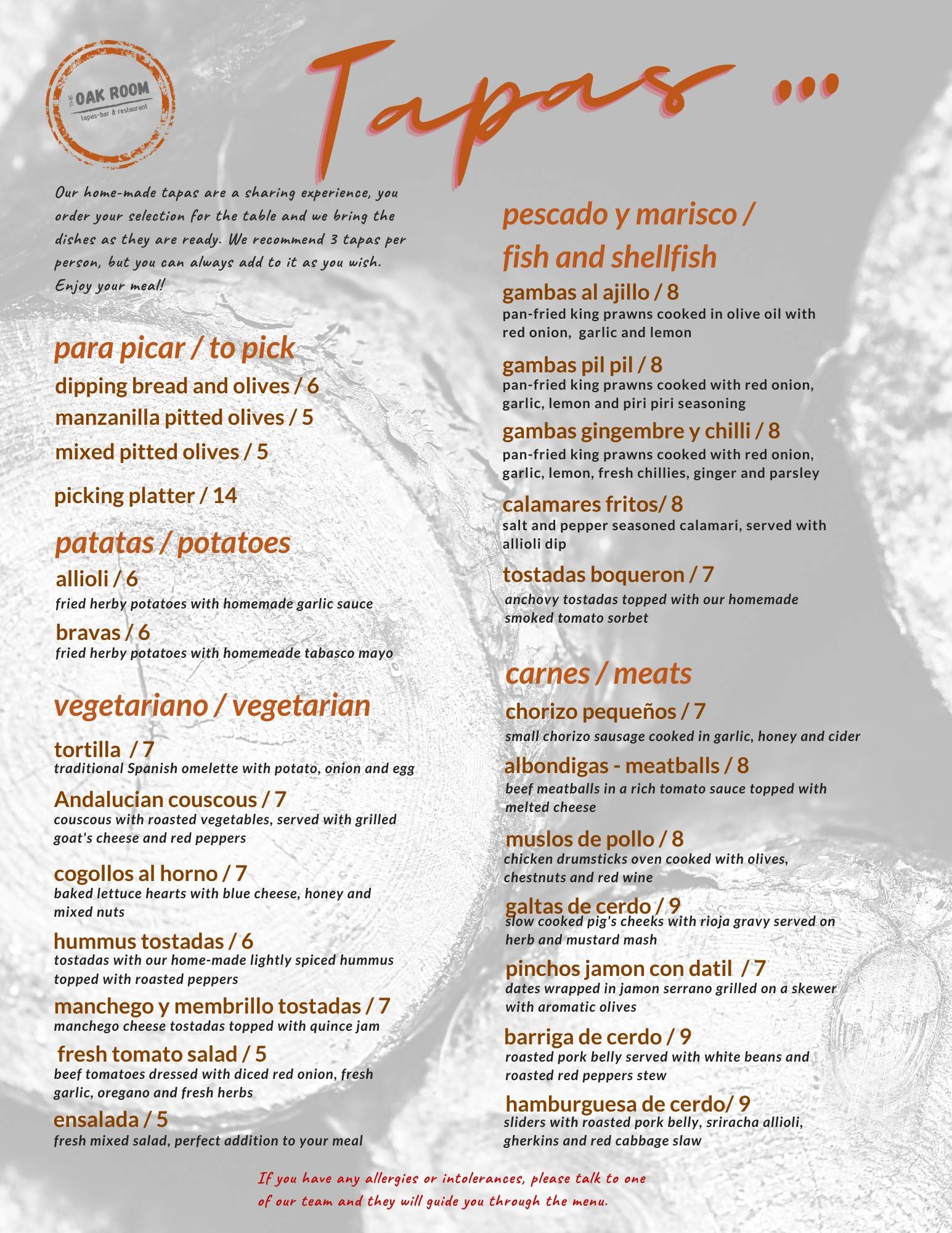 Menu at The Oak Room pub & bar, Lynton