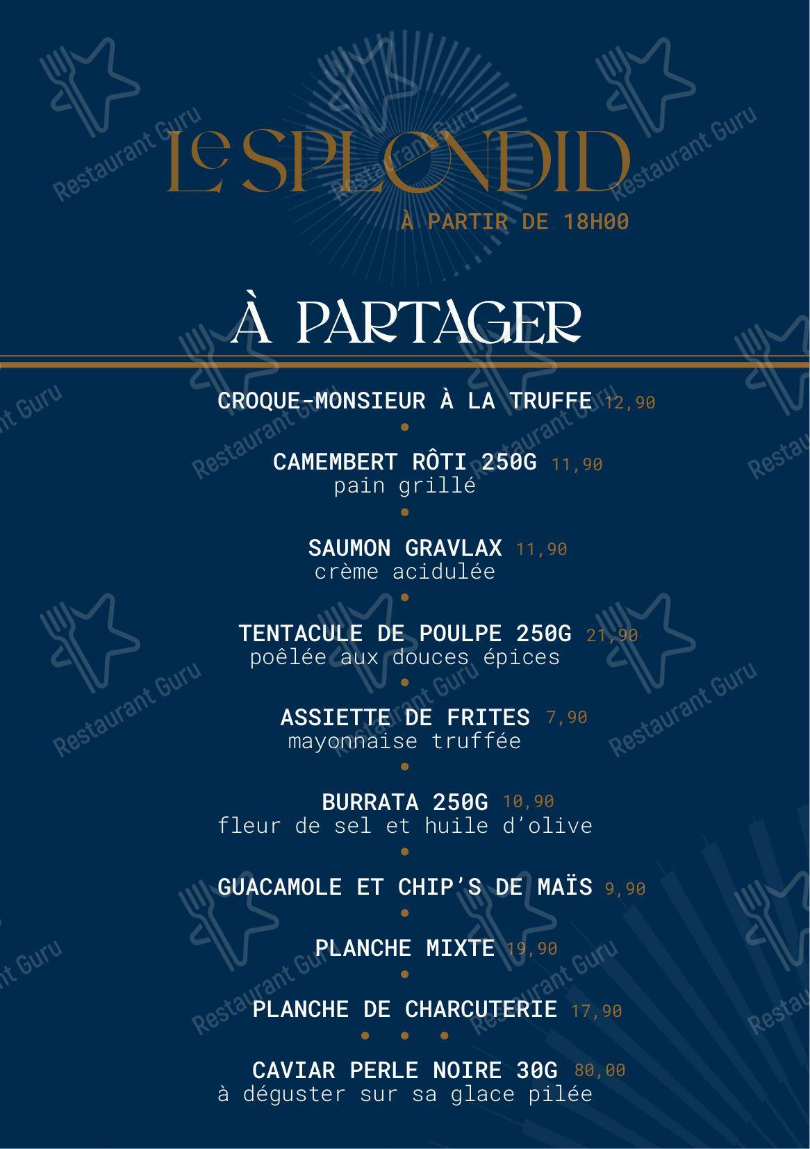 Menu au Restaurant le Splendid Lyon, Lyon
