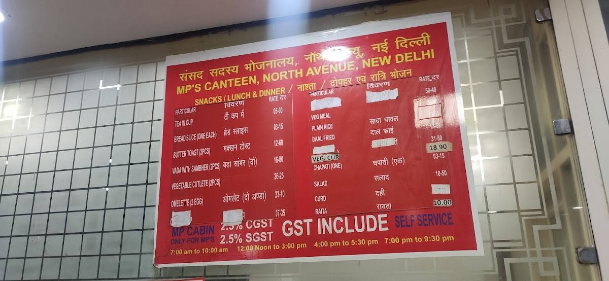Menu at M.P's Canteen,North Avenue, New Delhi