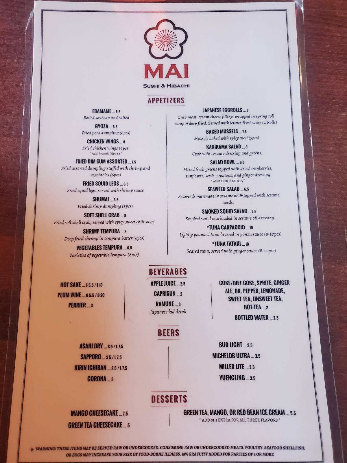 Menu at MAI Japanese Restaurant, Charlotte, Ayrsley Town Blvd