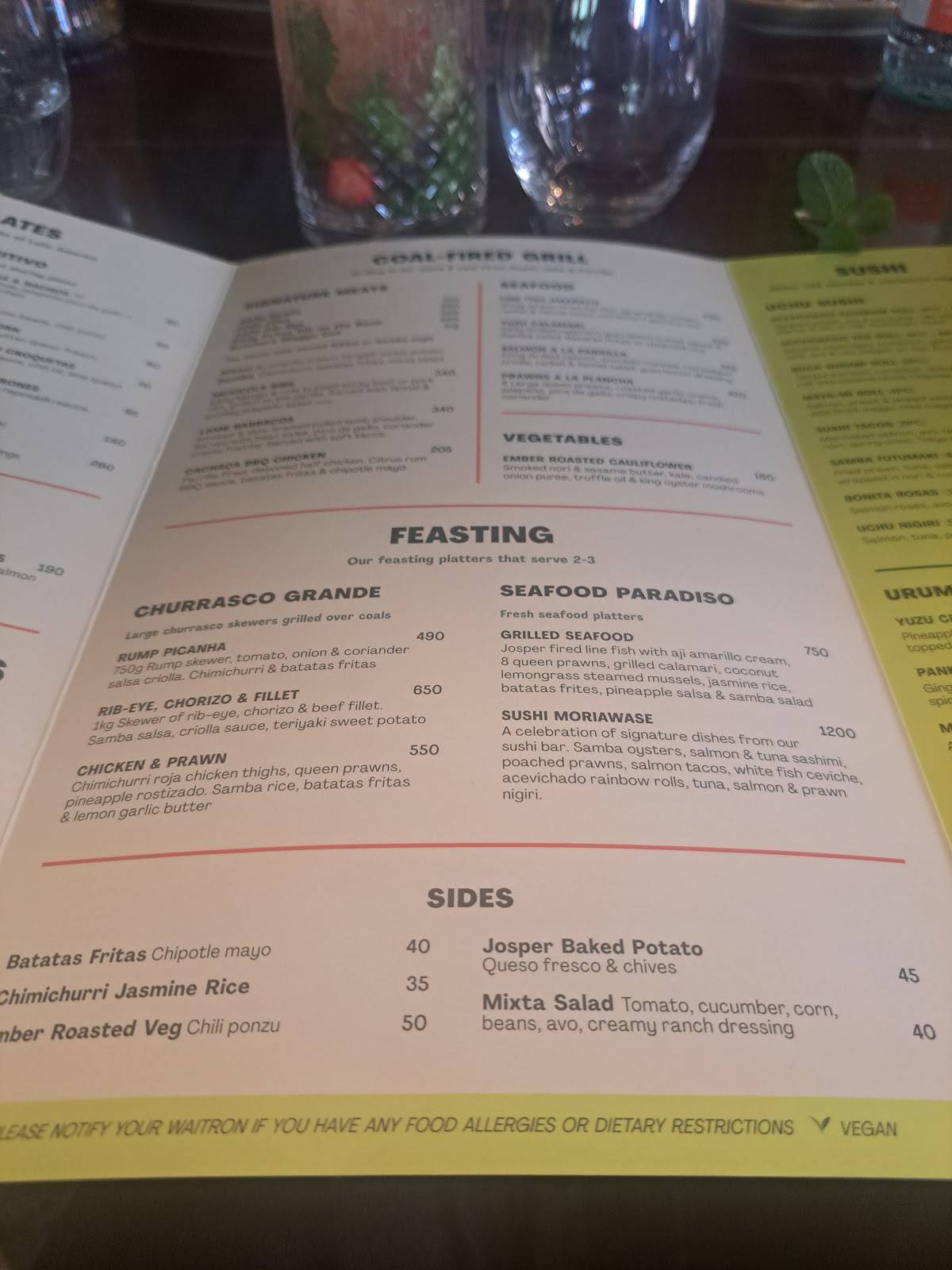 Menu at MAMASAMBA restaurant, Johannesburg