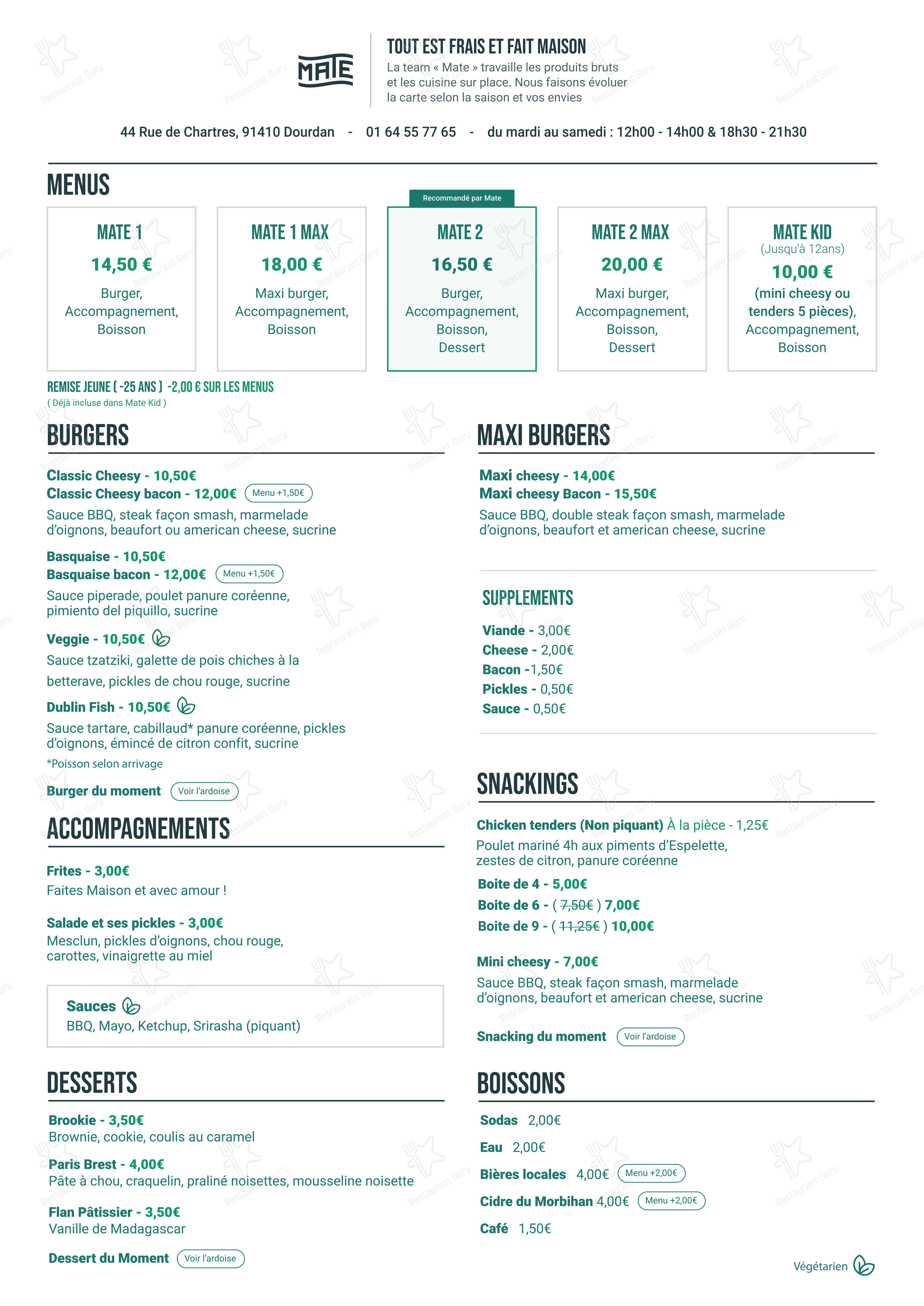 Menu au MATE restaurant, Dourdan