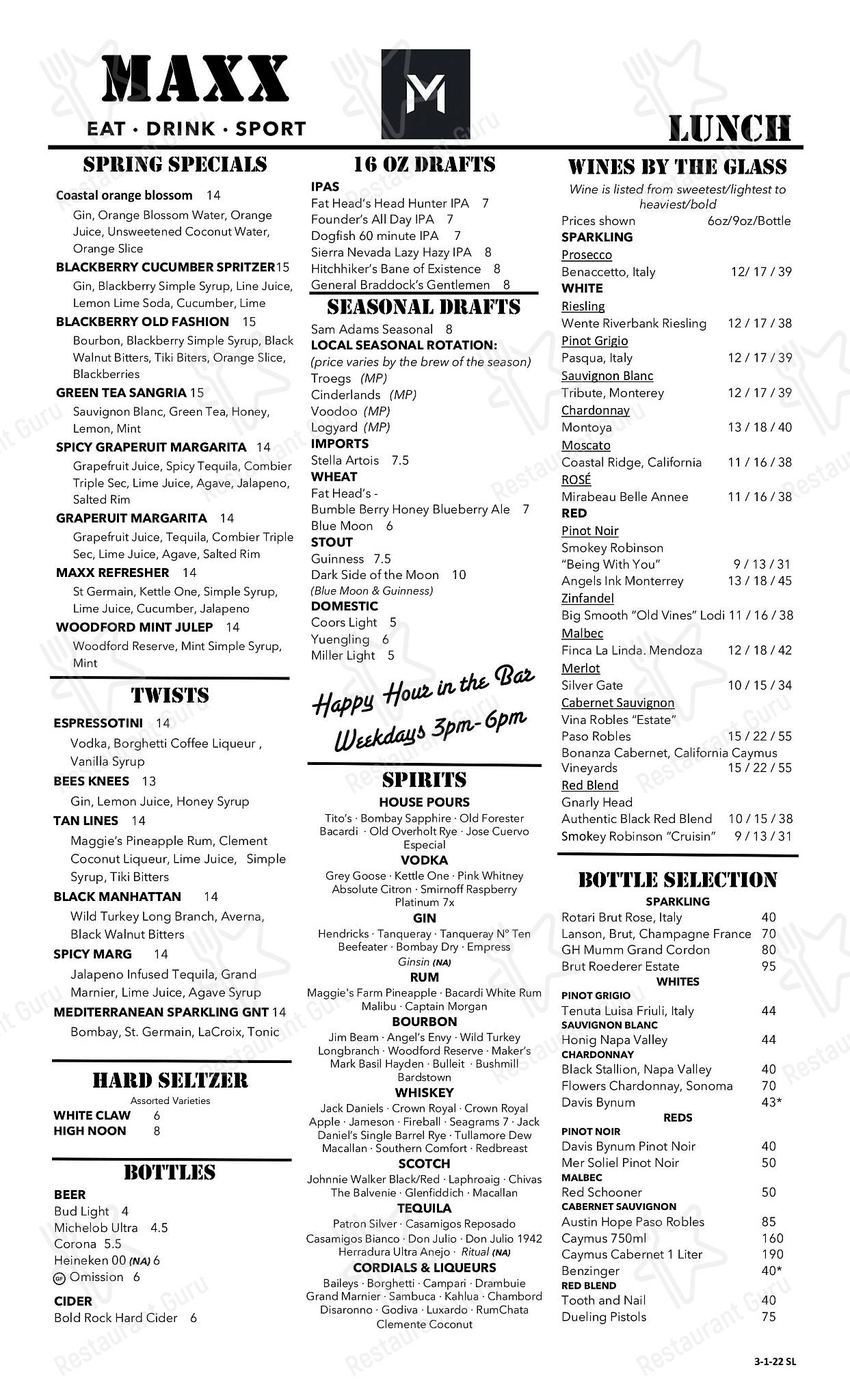 Menu at MAXX Restaurant, Warrendale