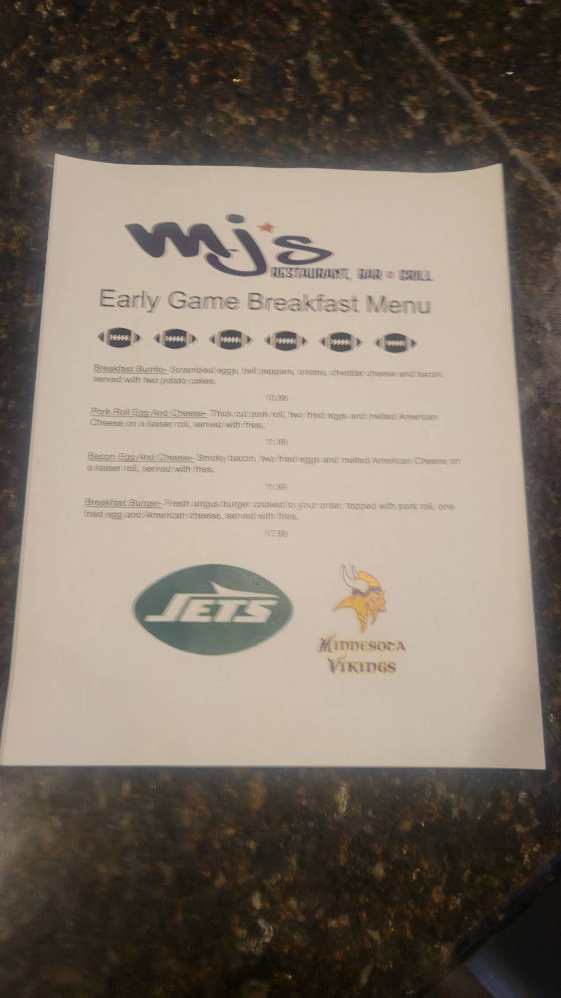 Menu at MJ's Restaurant Bar & Grill, Spotswood