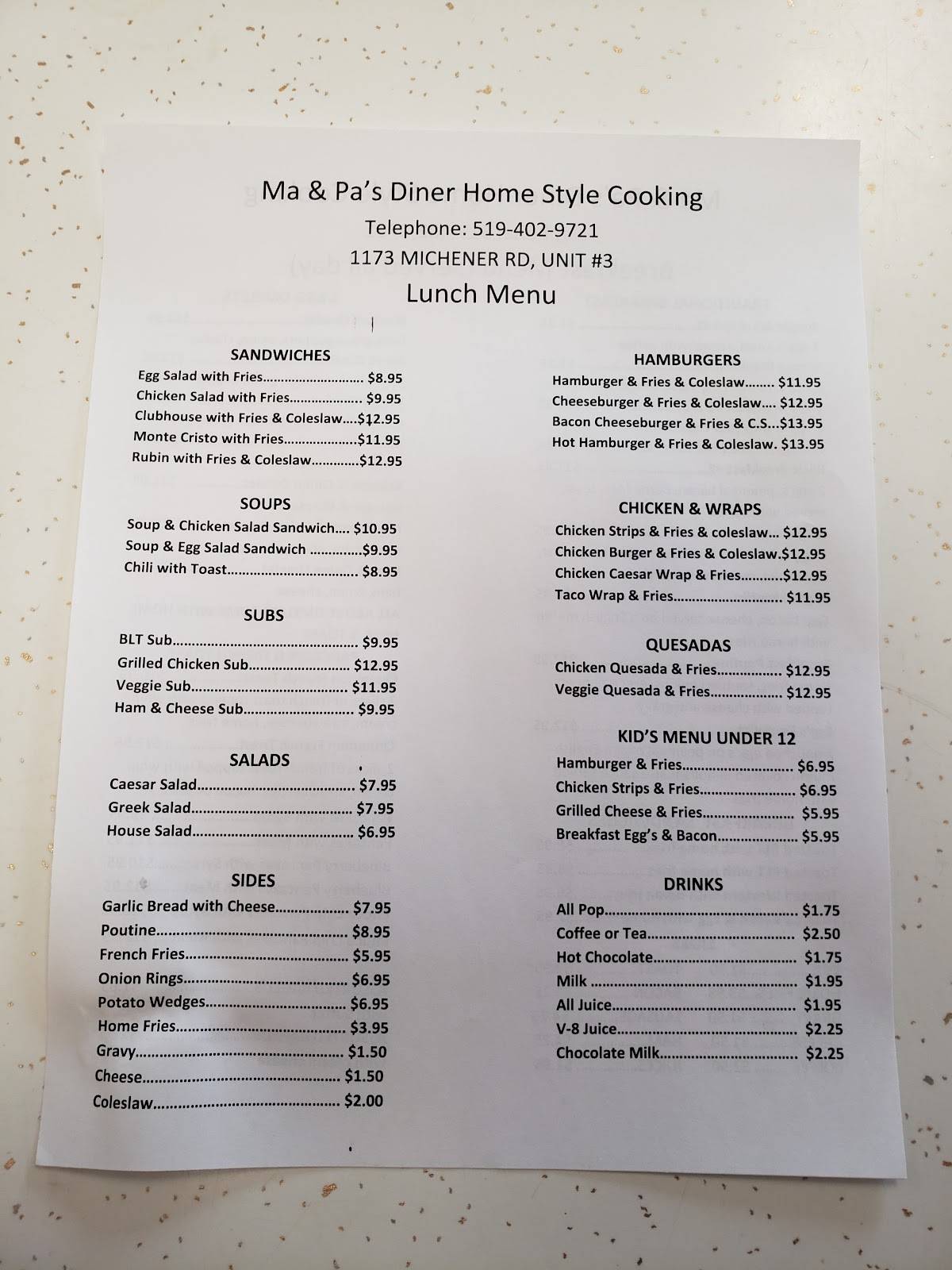 Menu at Ma & Pa's Diner restaurant, Sarnia