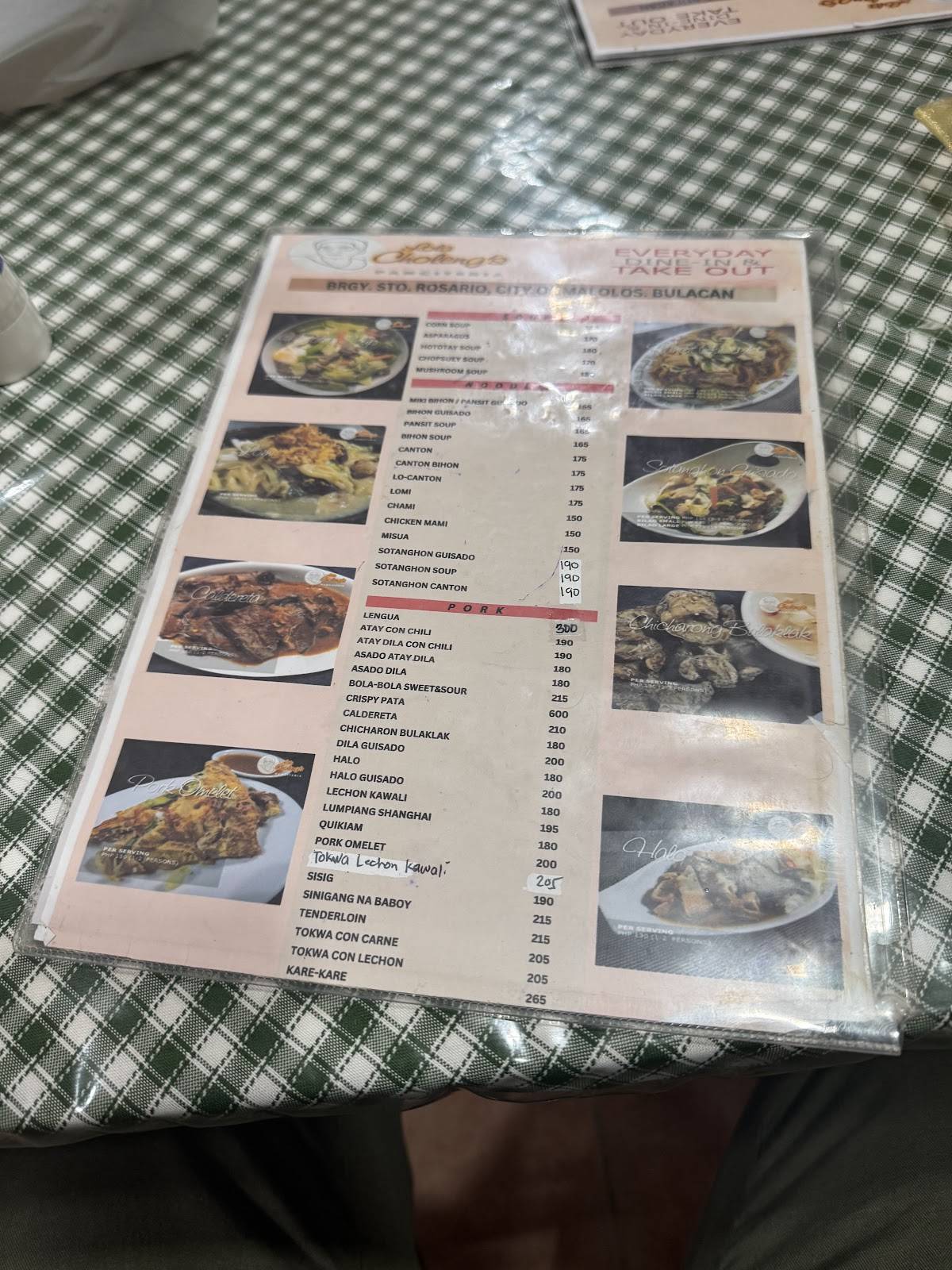 Menu at Mabuhay Panciteria restaurant, Malolos