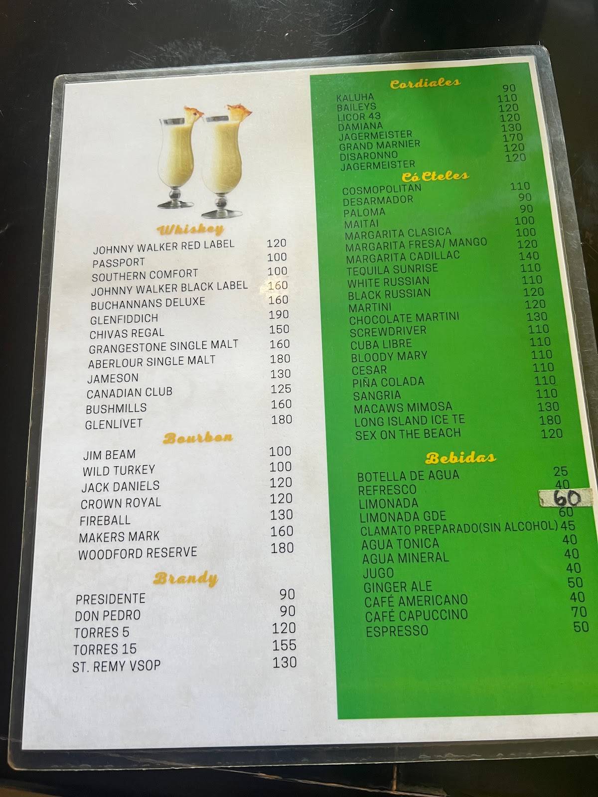 Menu at Macaws Bar & Bistro, Mazatlán