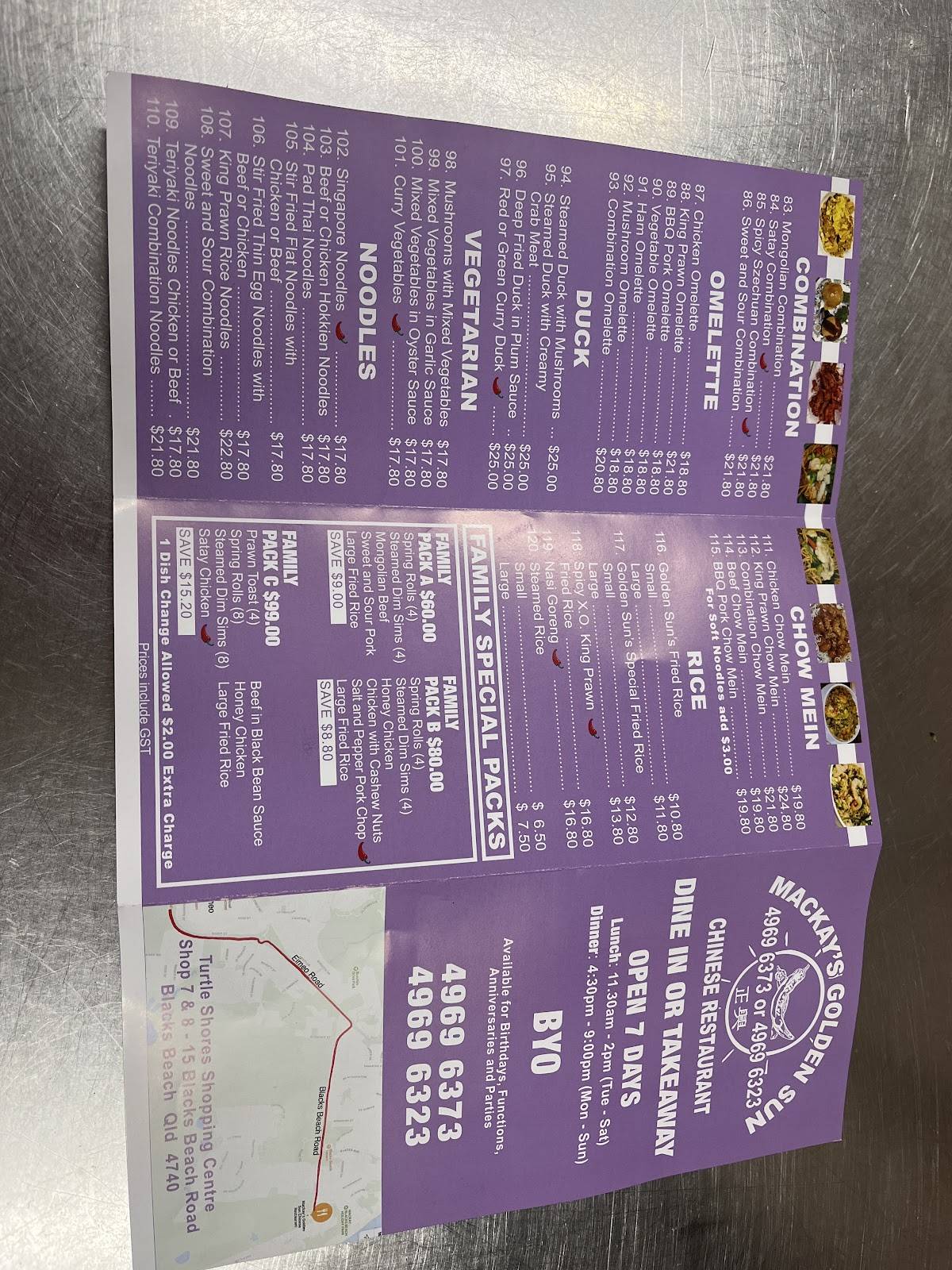 Menu at Mackay's Golden Sun Chinese Restaurant, Blacks Beach