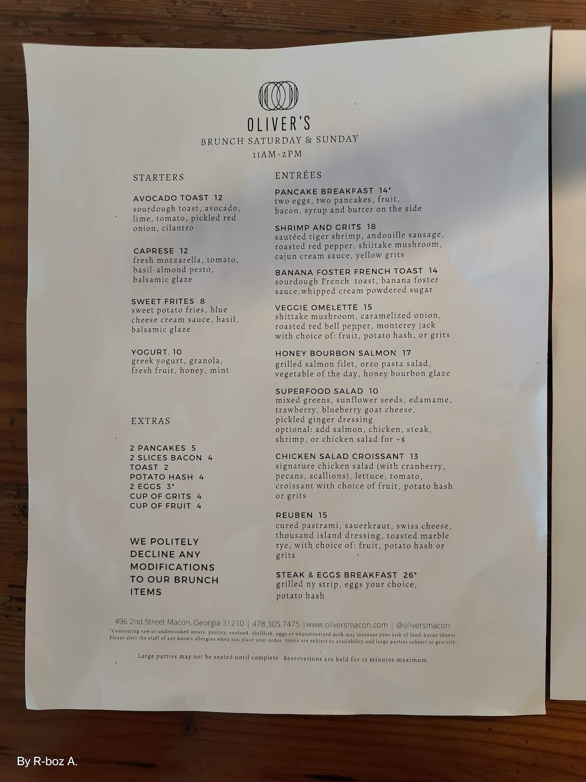 Menu at Oliver's Corner Bistro restaurant, Macon