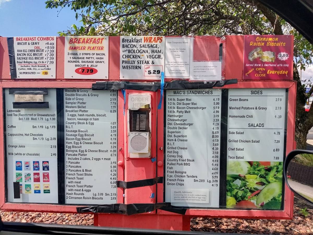Menu at Mac's restaurant, Muncie, W McGalliard Rd