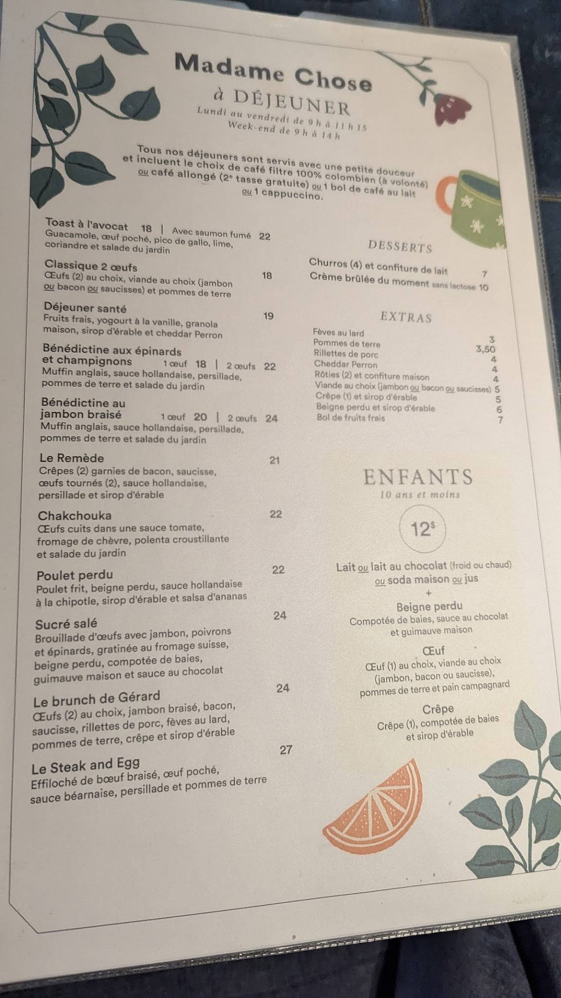 Menu au Madame Chose restaurant, Québec