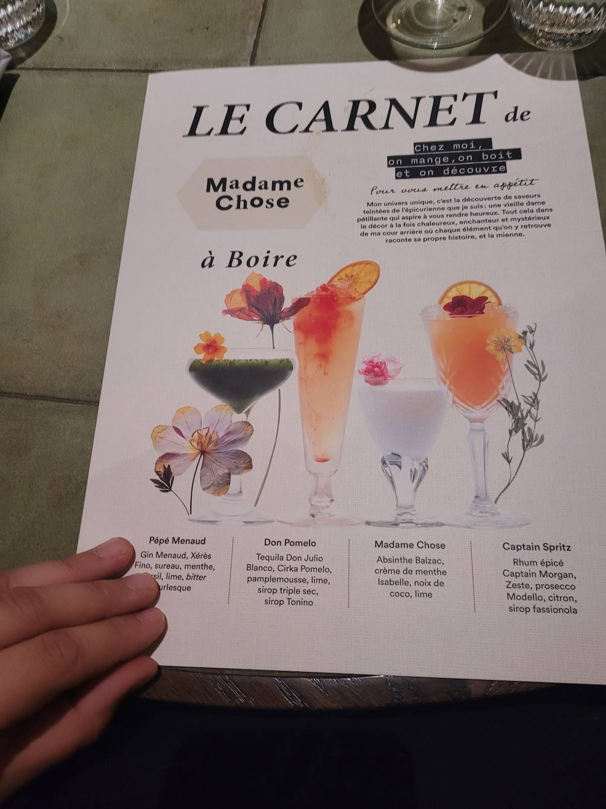 Menu au Madame Chose restaurant, Québec