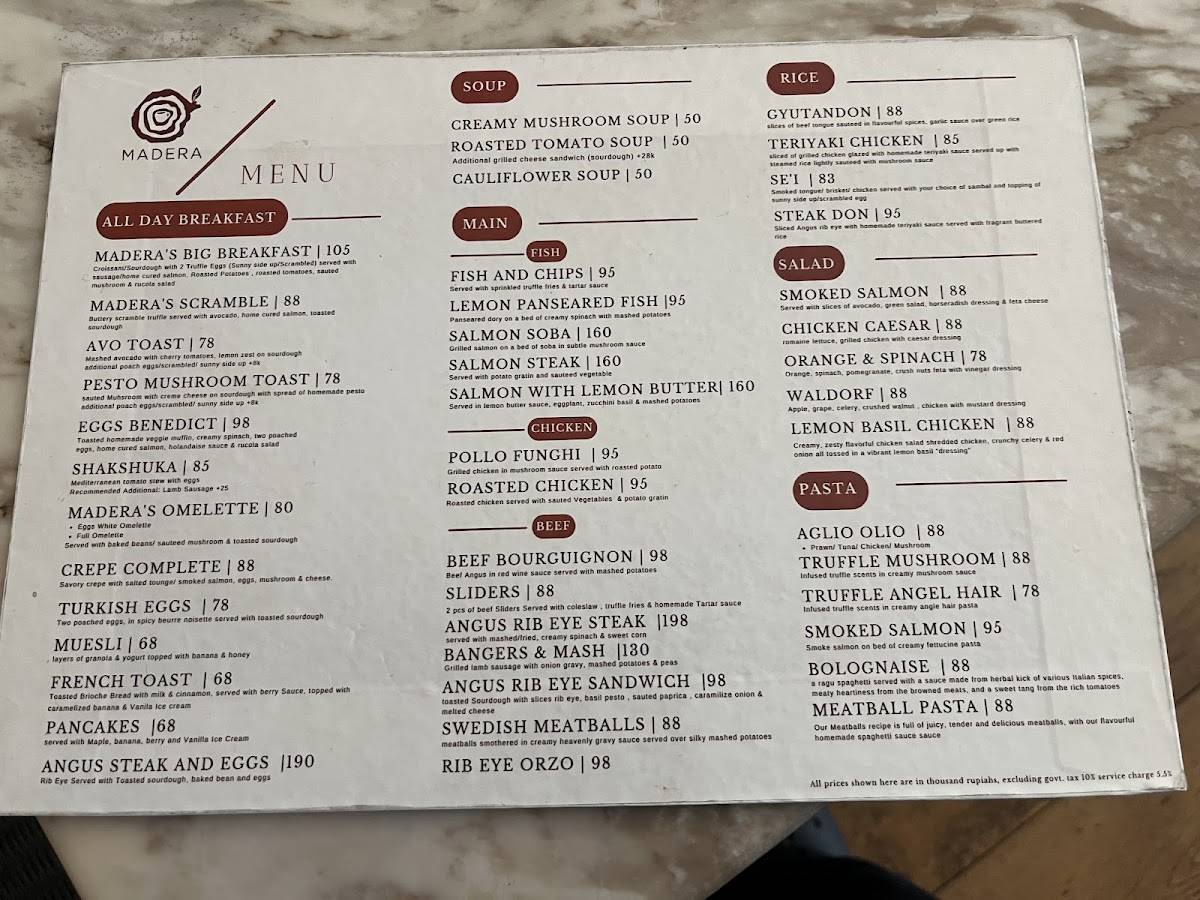 Carta del restaurante Madera Kitchen, South Jakarta, Dharmawangsa Square