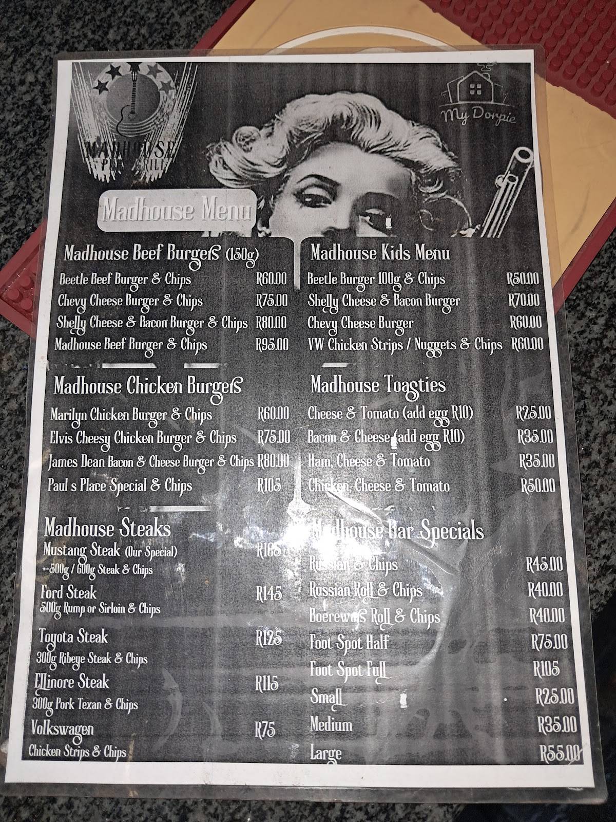 Menu at Madhouse pub grill and Waterpark, Brakpan
