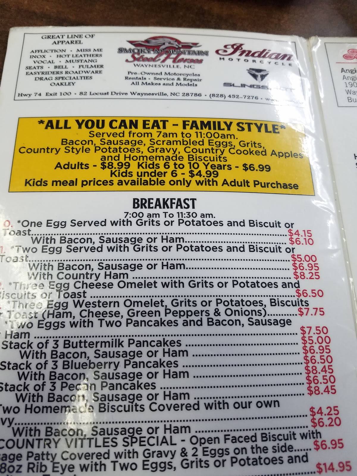 Menu at Country Vittles Family Style Restaurant, Maggie Valley
